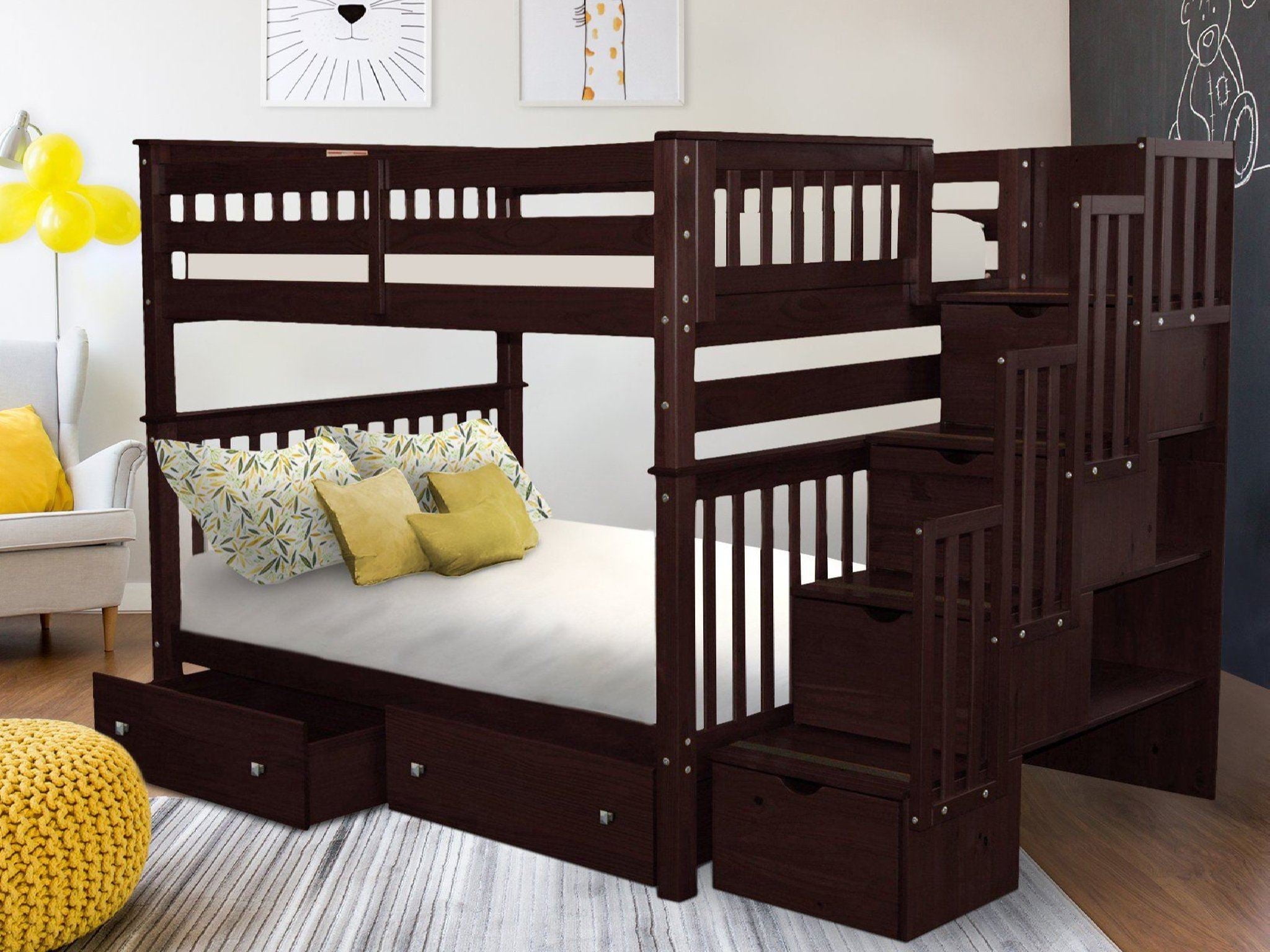 Bedz King Full-Over-Full Stairway Bunk Beds with 4 In-Step Drawers, 2 ...