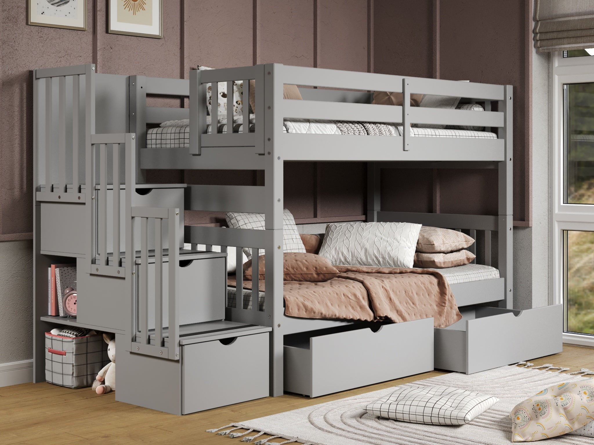 Bedz King Twin Bunk Beds with Kids Storage Stairs, 3 Step Drawers, 2 ...