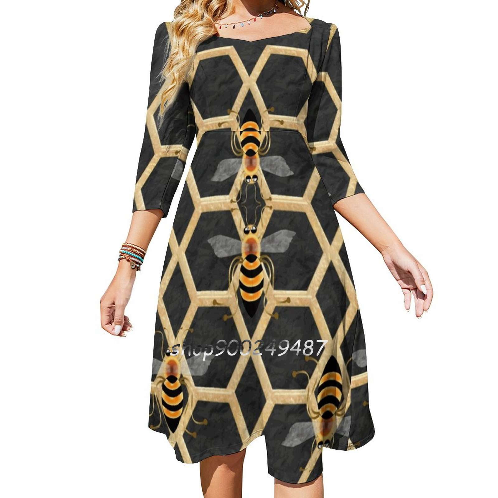 Bee 141 On Black. Sweet Elegant Dress Women Korean Kawaii Square Collar ...