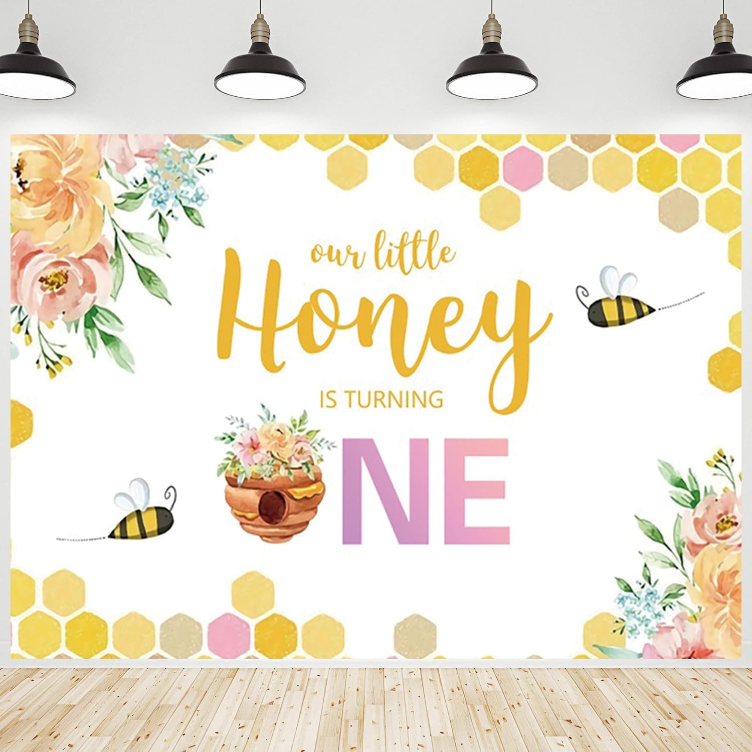 Bee 1st Birthday Backdrop Our Little Honey is Turning One Yellow Floral ...