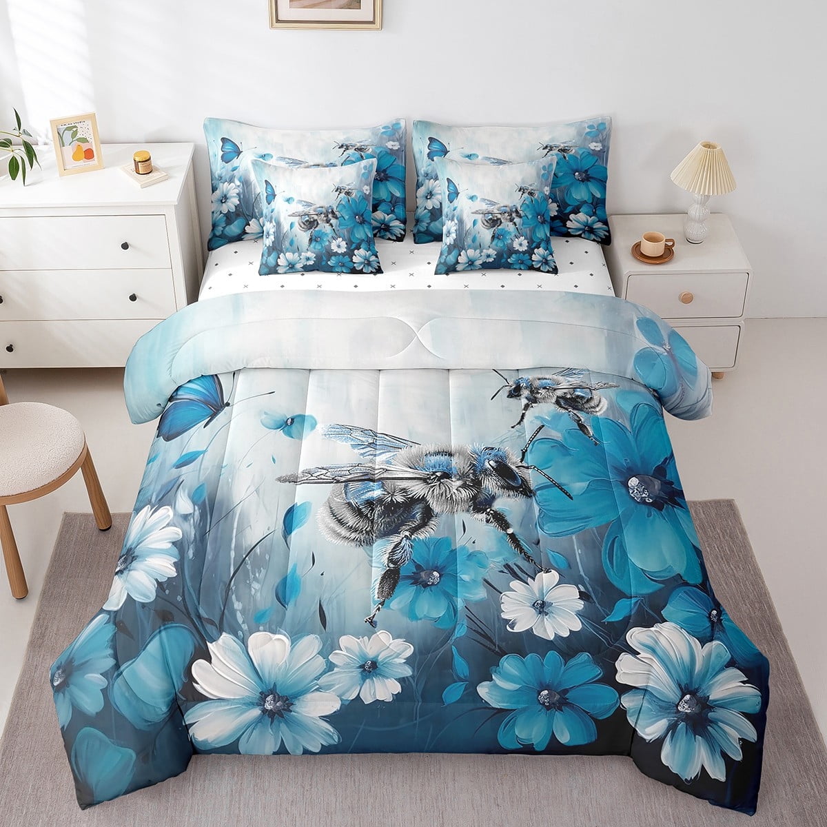 Bee 7 Piece Comforter Set Full Daisy Flowers Bedding Sets,Light Blue ...