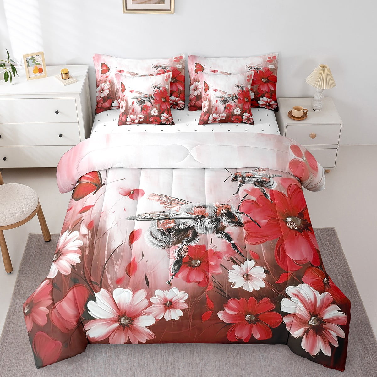 Bee 7 Piece Comforter Set Full Daisy Flowers Bedding Sets,Red Ombre Oil ...