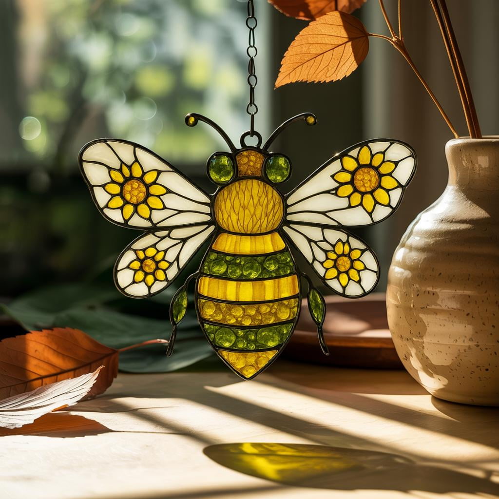Bee Acrylic Suncatcher, Summer Garden Faux Stained Glass Window Hanging ...