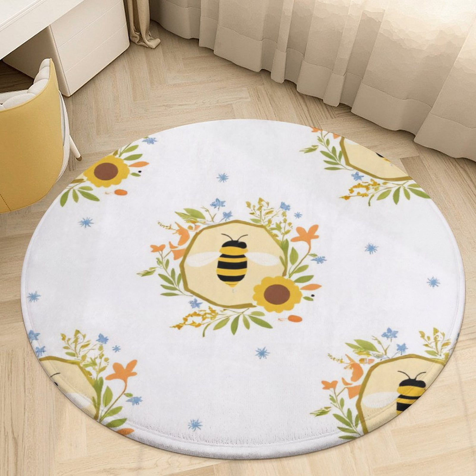 Bee And Floral Pattern Round Area Rugs for Bedroom Living Room, 5FT ...