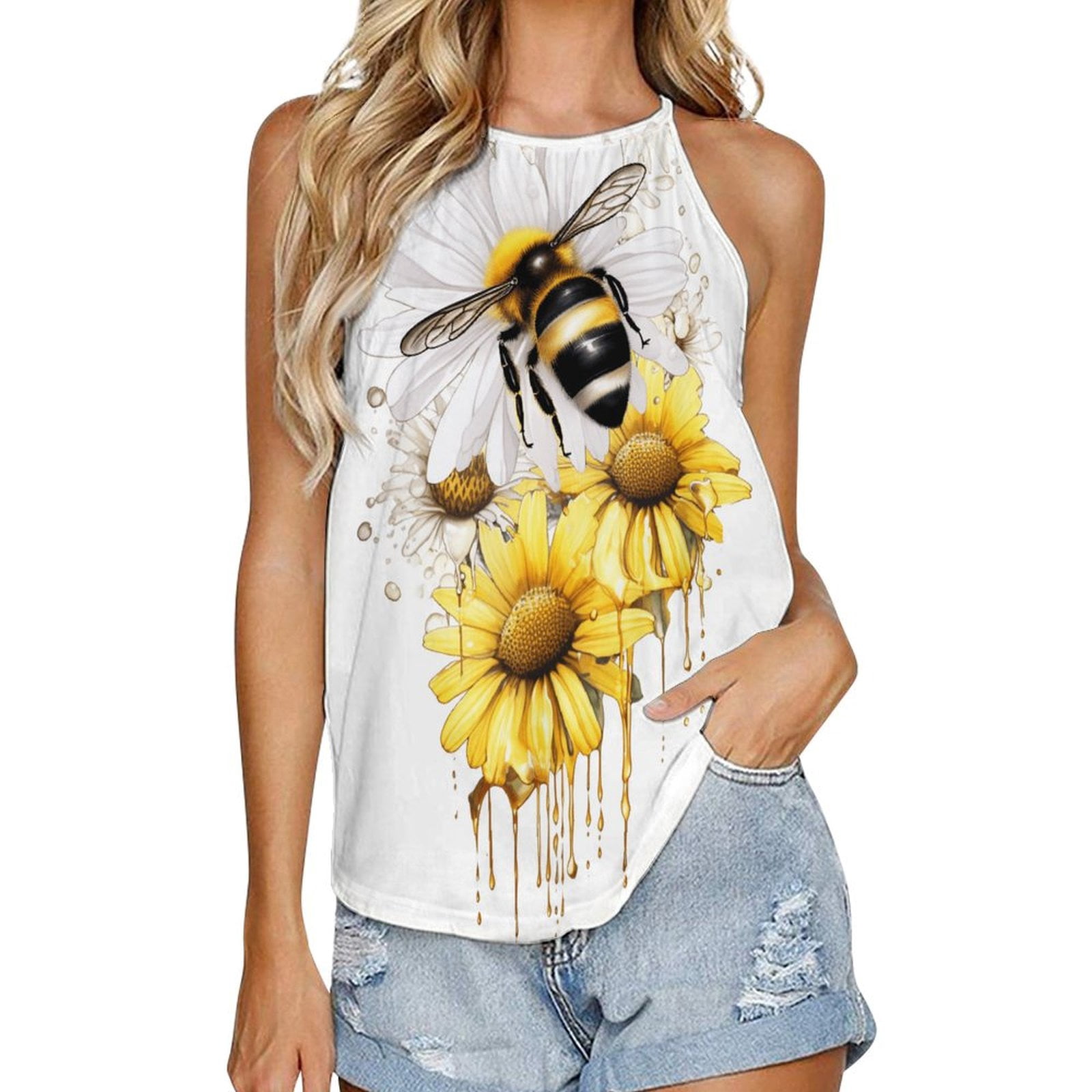 Bee And Flowers Women's Vest with Round Holes Loose Casual Summer Top ...