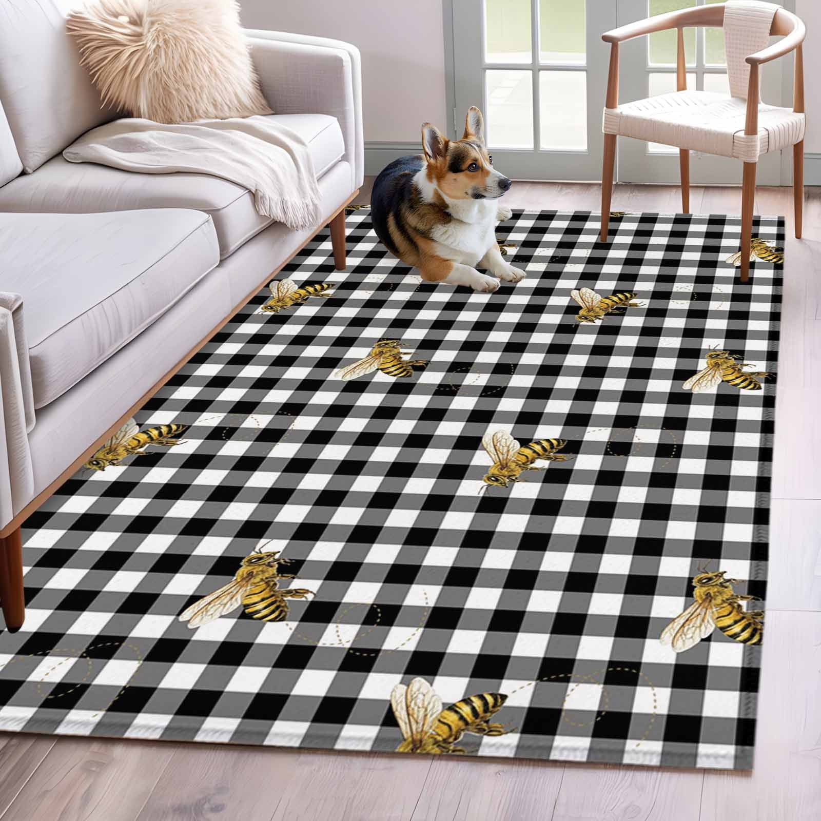 Bee Area Rugs 4x6 ft Country Bees Black White Buffalo Plaid Checkered ...