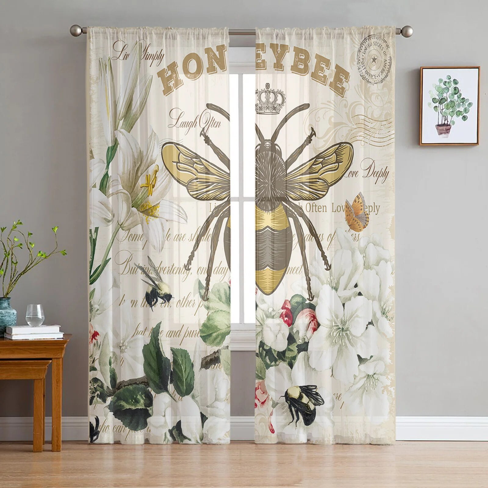Bee Azalea Retro Flower Vintage Letters Tulle Curtains Living Room ...