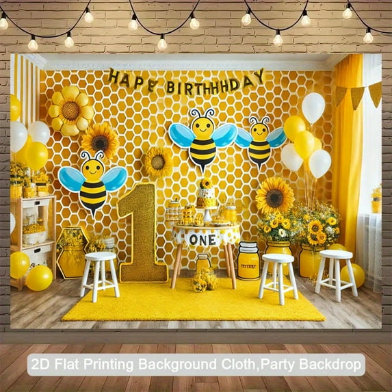 Bee Birthday Backdrop Bright Yellow Honeybee Happy Birthday Decorations ...