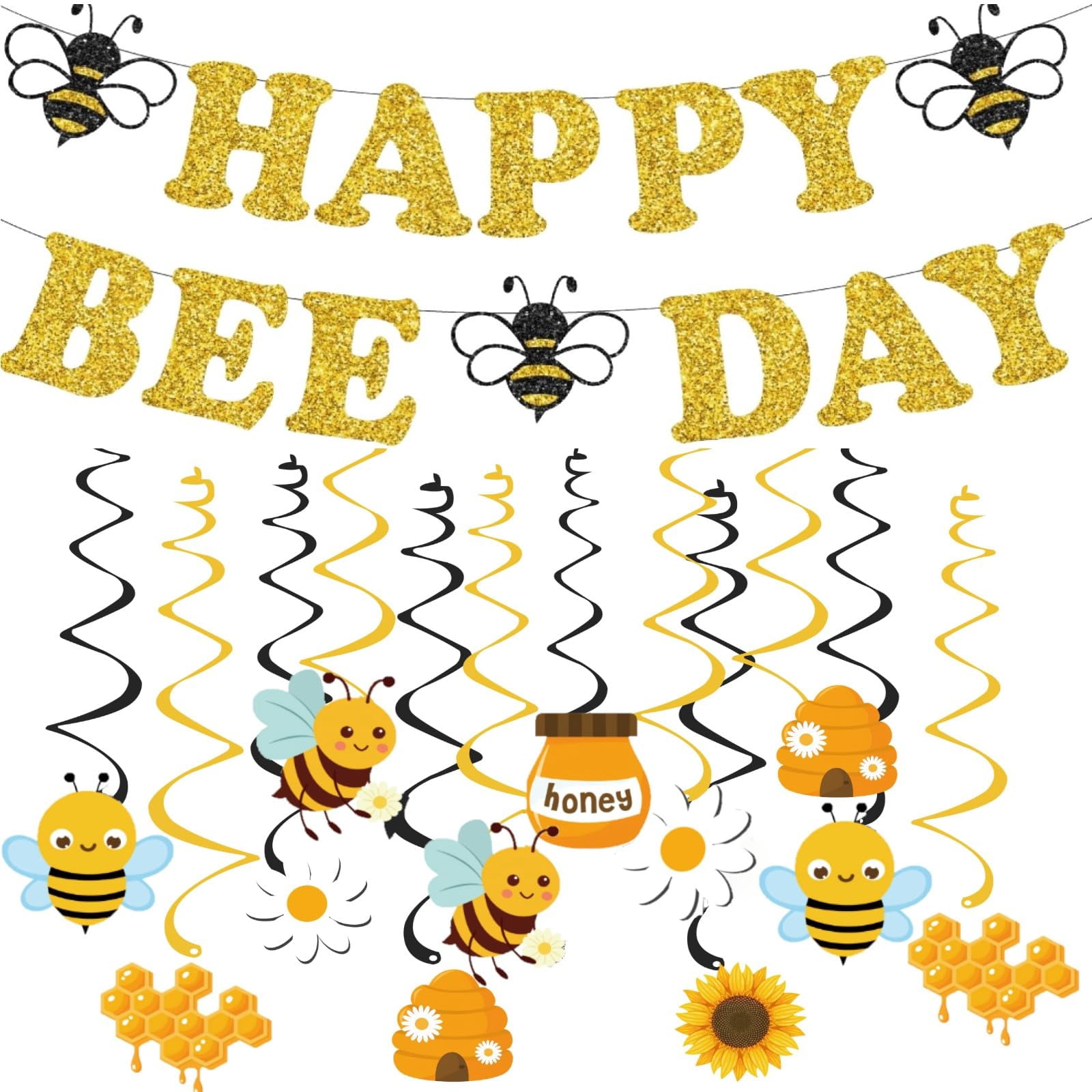 Bee Birthday Party Decorations,Gold Glitter Happy Bee Day Banner with ...