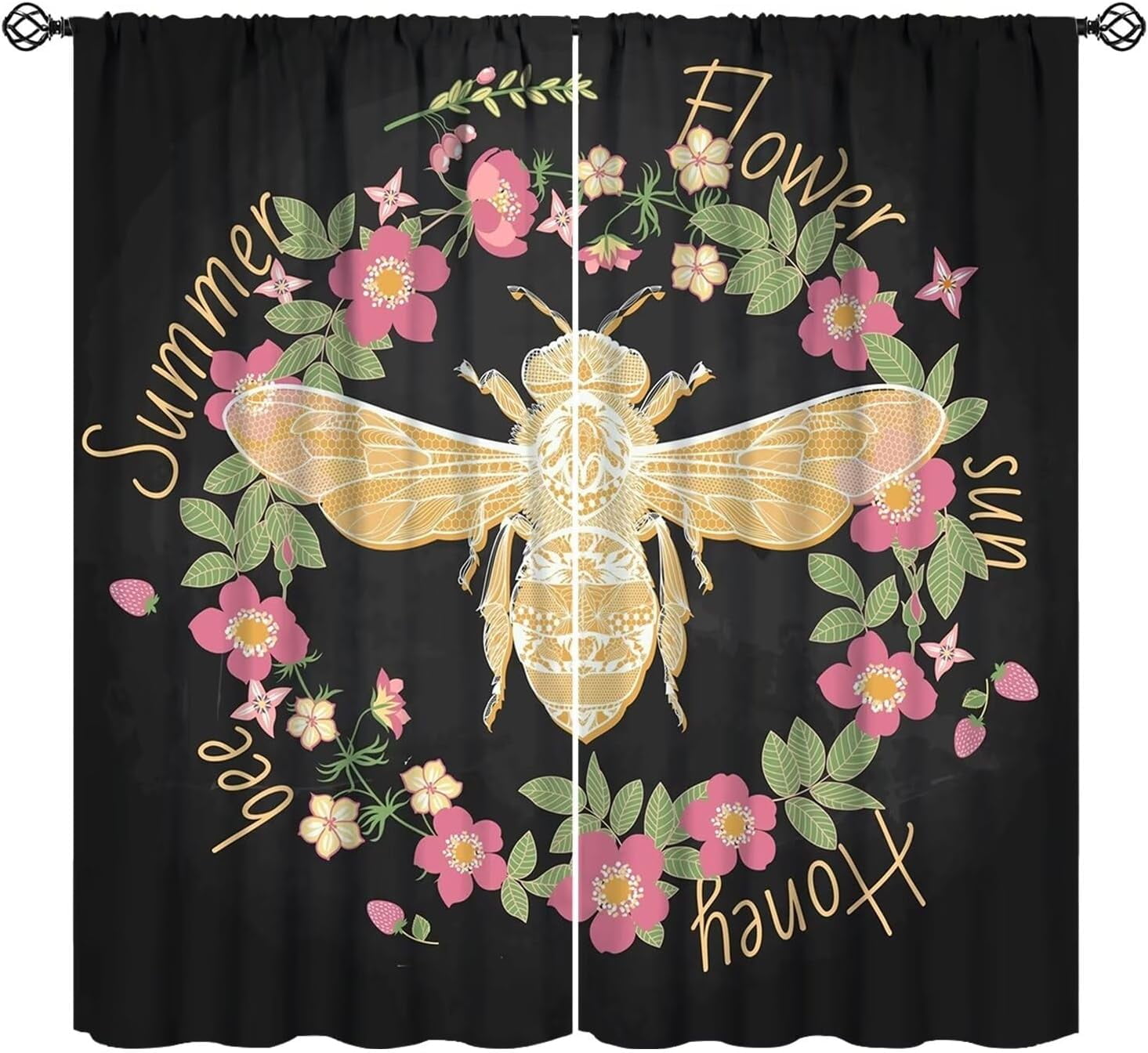 Bee Blackout Curtains Pink Flowers Green Leaves Cute Bee Abstract Art ...