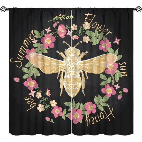 Bee Blackout Curtains Pink Flowers Green Leaves Cute Bee Abstract Art ...