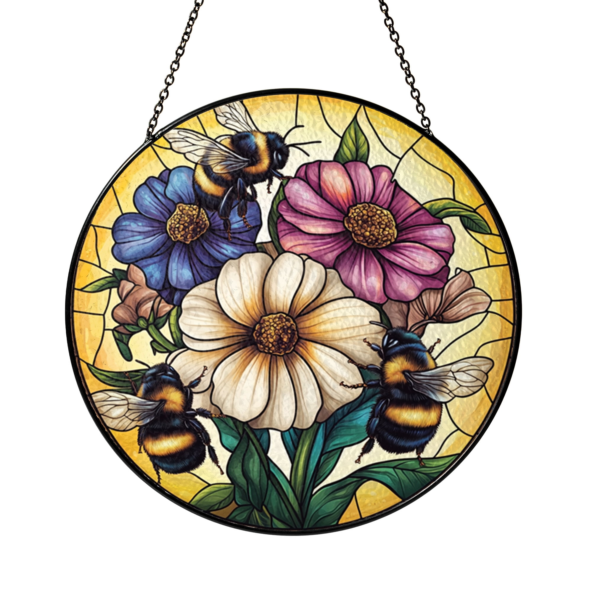 Bee Bloom Round Sun Catcher Glass Window Hanging Bright Accent ...