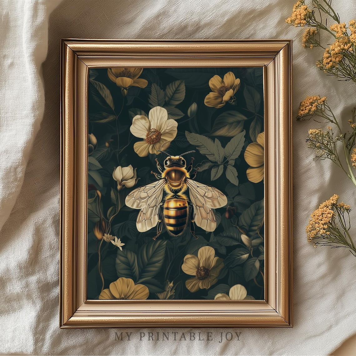 Bee with Botanical Flowers Illustration Poster, Vintage Nature Wall Art ...