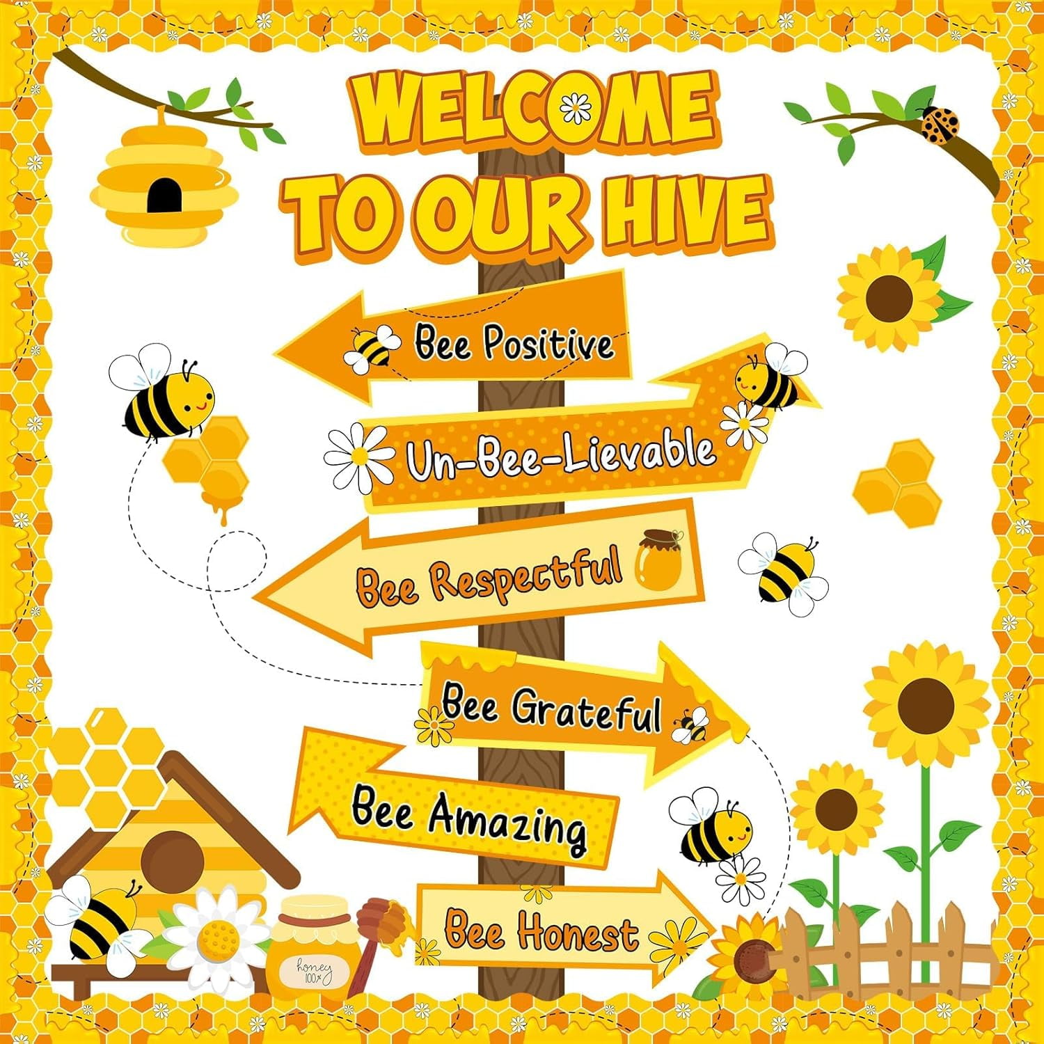 Bee Bulletin Board Classroom Decorations Summer Bee Hive Signpost Paper ...