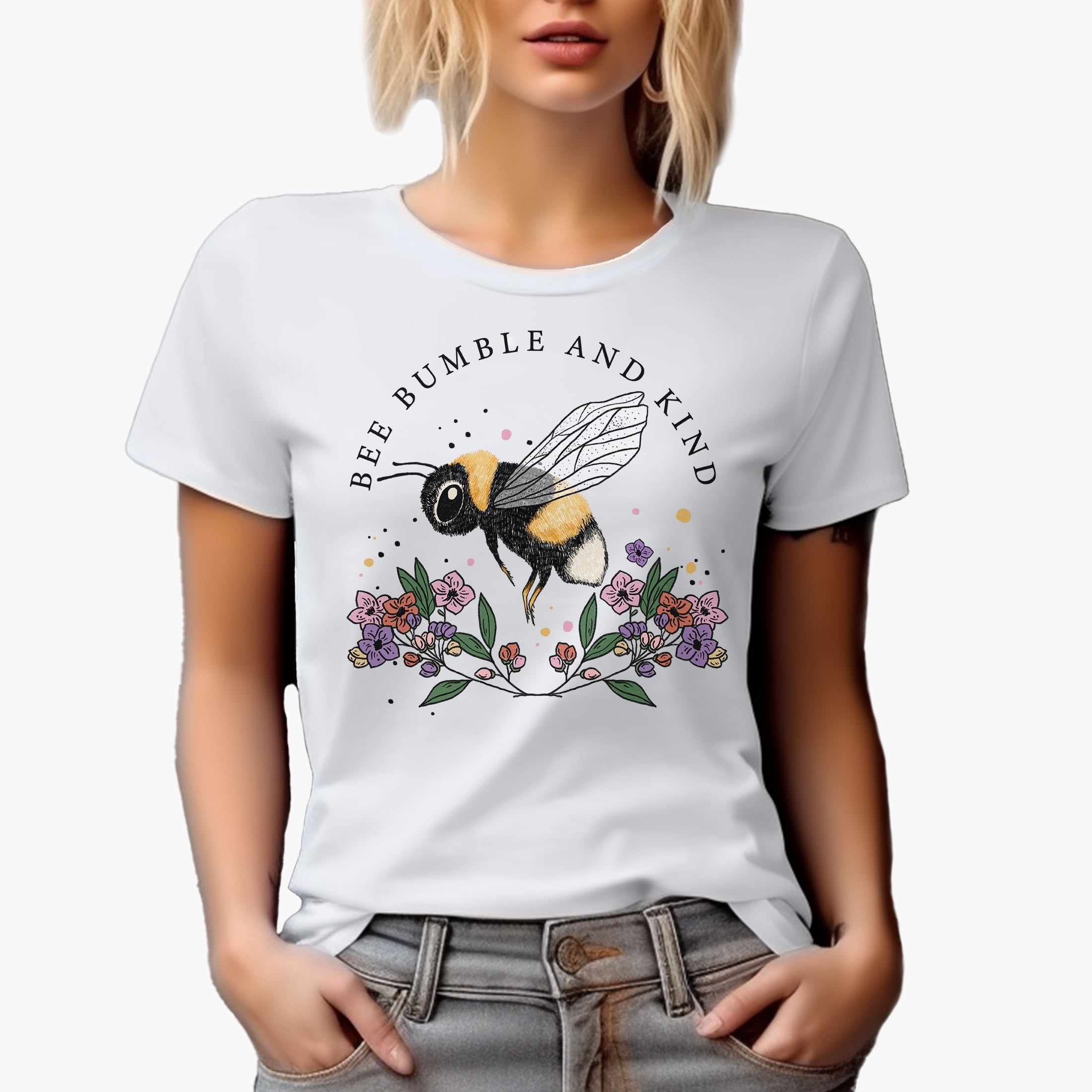 Bee Bumble and Kind Pun Quote with Hand Drawn Flowers Art Merch Gift ...