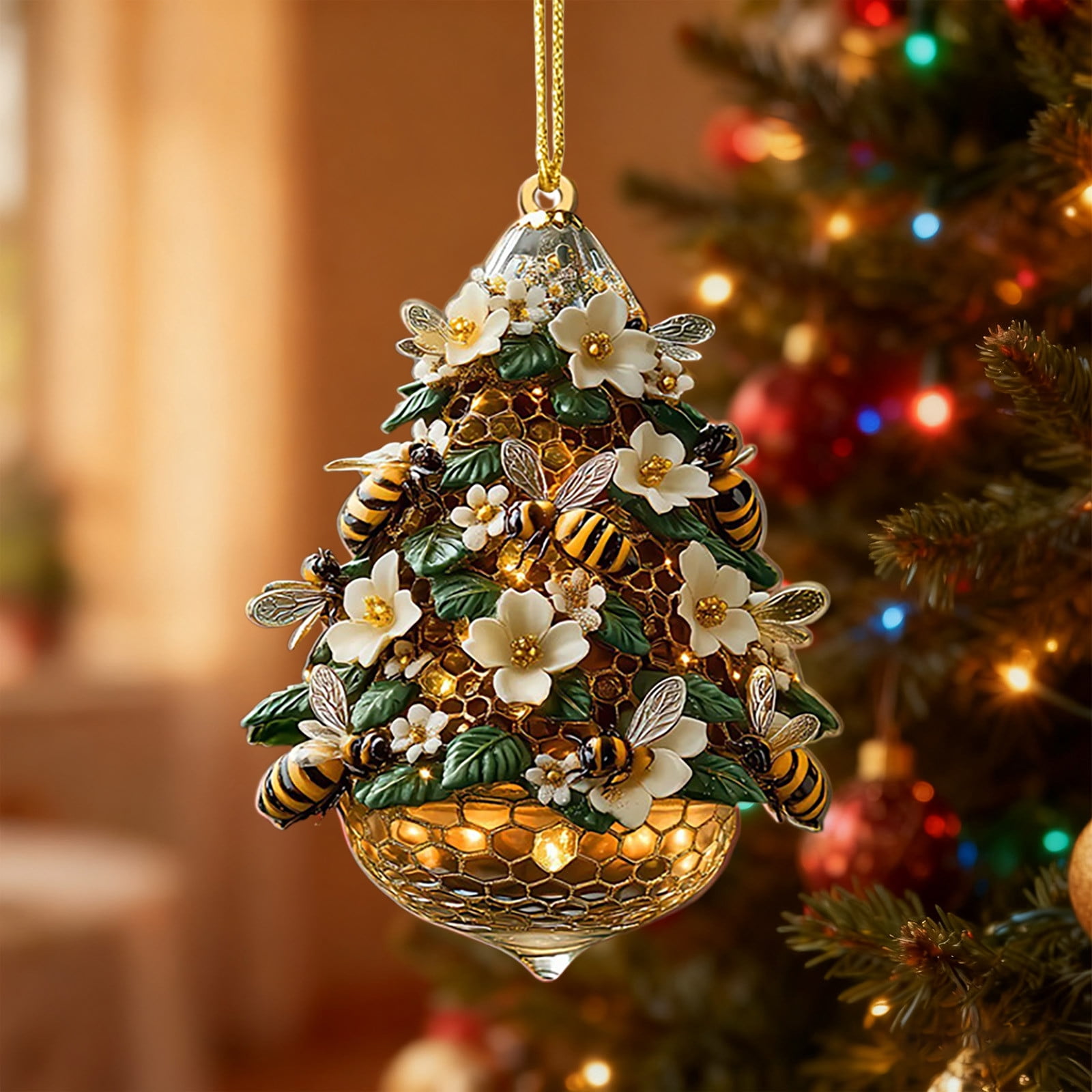Bee Christmas Ornament, 2D Acrylic Honeycomb Christmas Tree Decor with ...