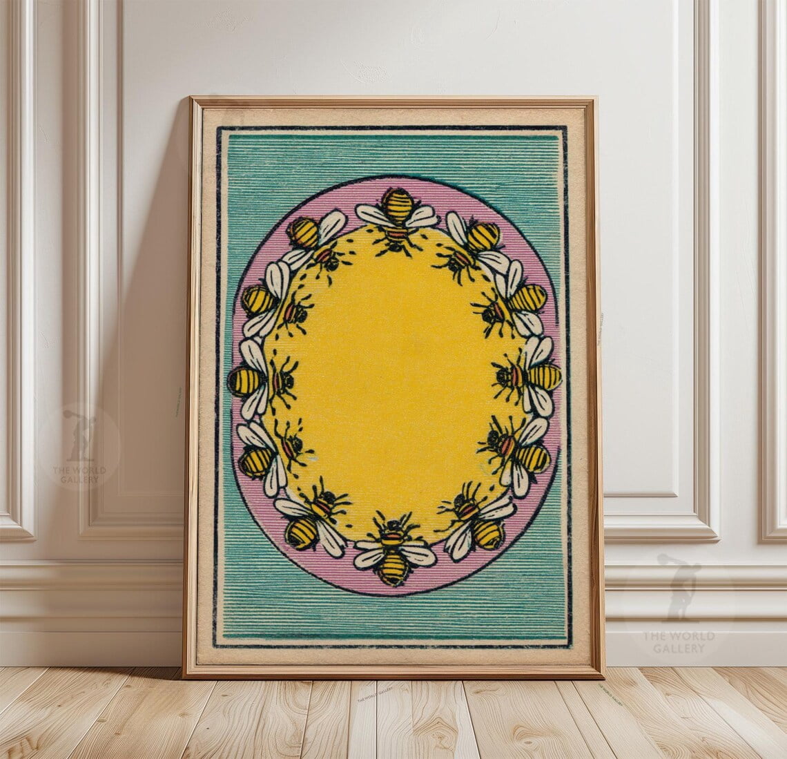 Bee Circle Pattern Poster Yellow Pink Retro Style Paper Wall Art ...