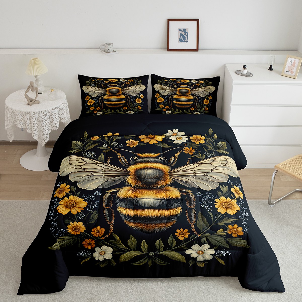 Bee Comforter Set King Size,Daisy Floral Bedding Set 3Pcs Teens Room ...