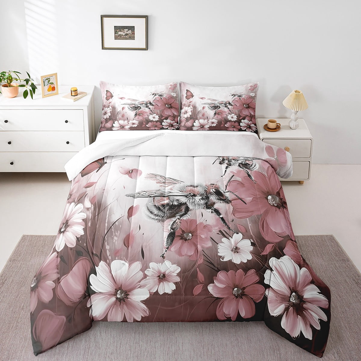 Bee Comforter Set Daisy Flowers Queen Bedding Sets ,Pink Ombre Oil ...