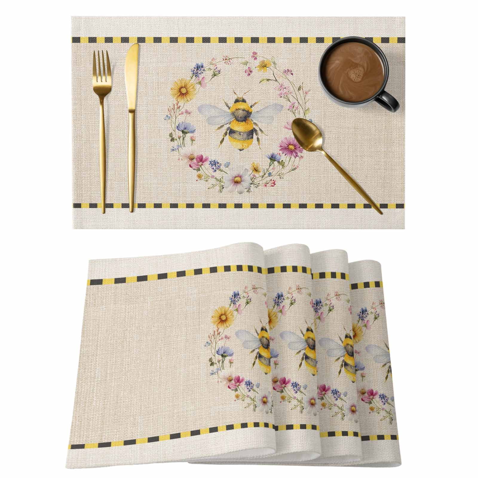 Bee Cotton Linen Placemats Set of 12, Insects Yellow Floral Wreath ...