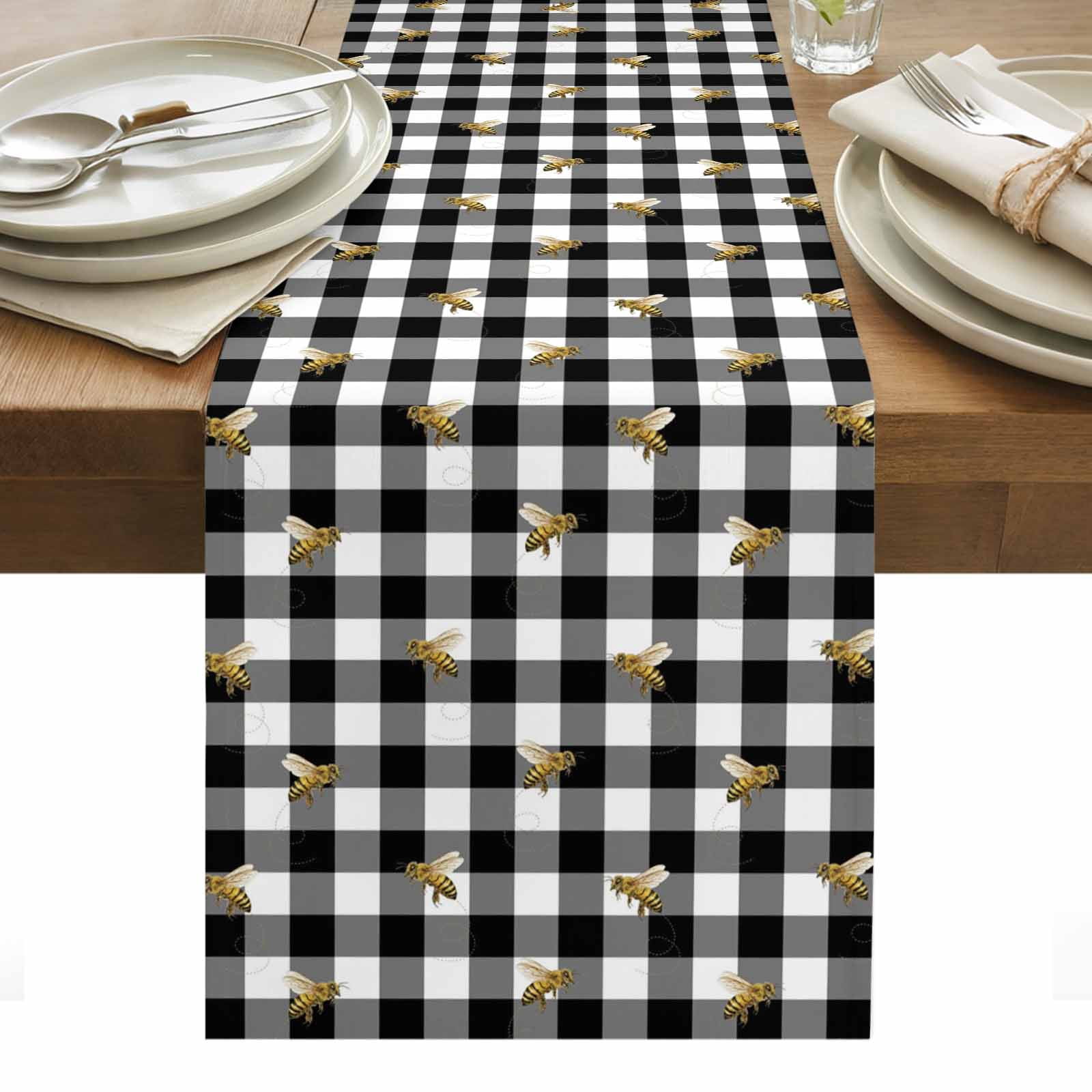 Bee Cotton Linen Table Runner Country Bees Black White Buffalo Plaid ...
