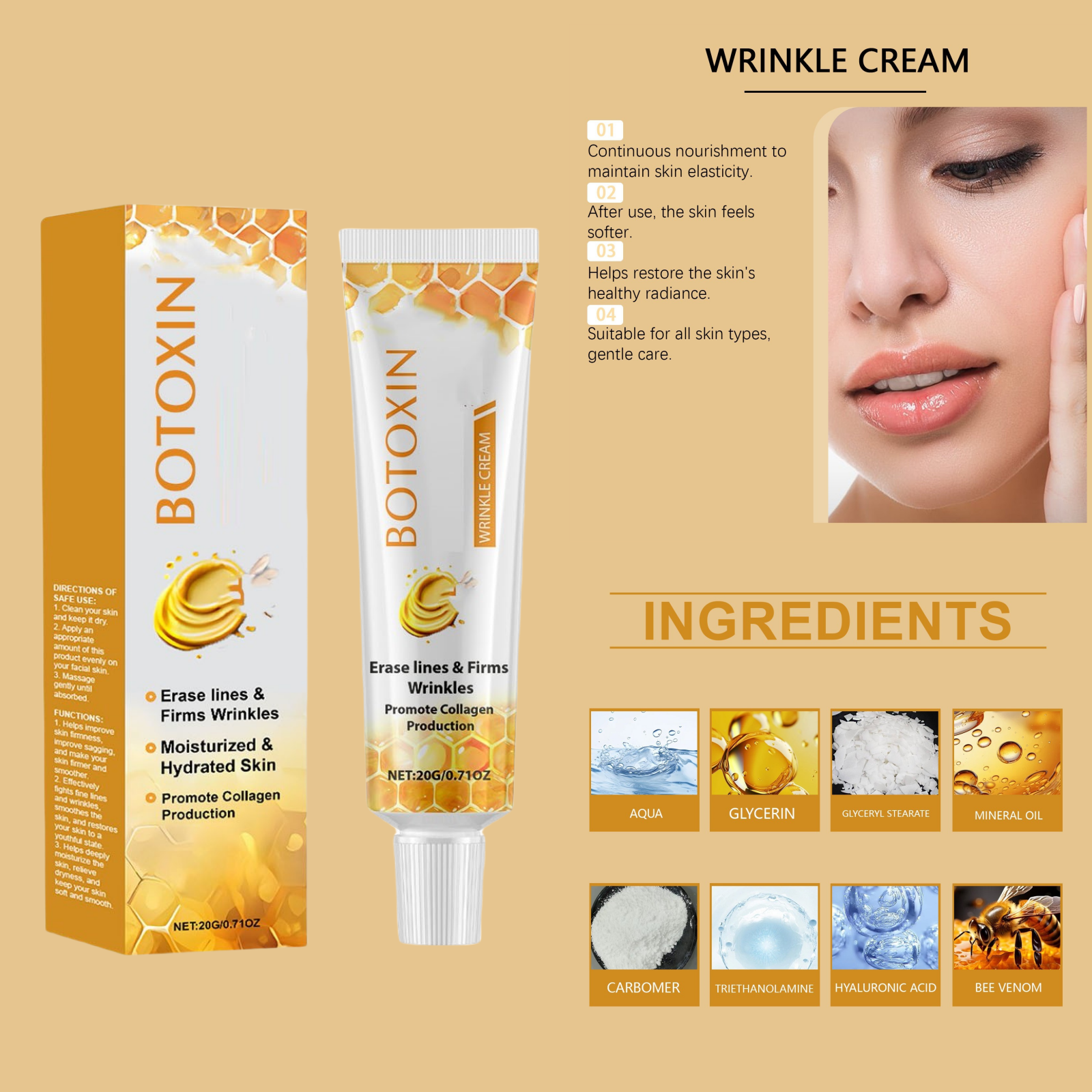 Bee Cream Wrinkle Removal & Firming,Moisturizing,Lifting & Recovery for ...