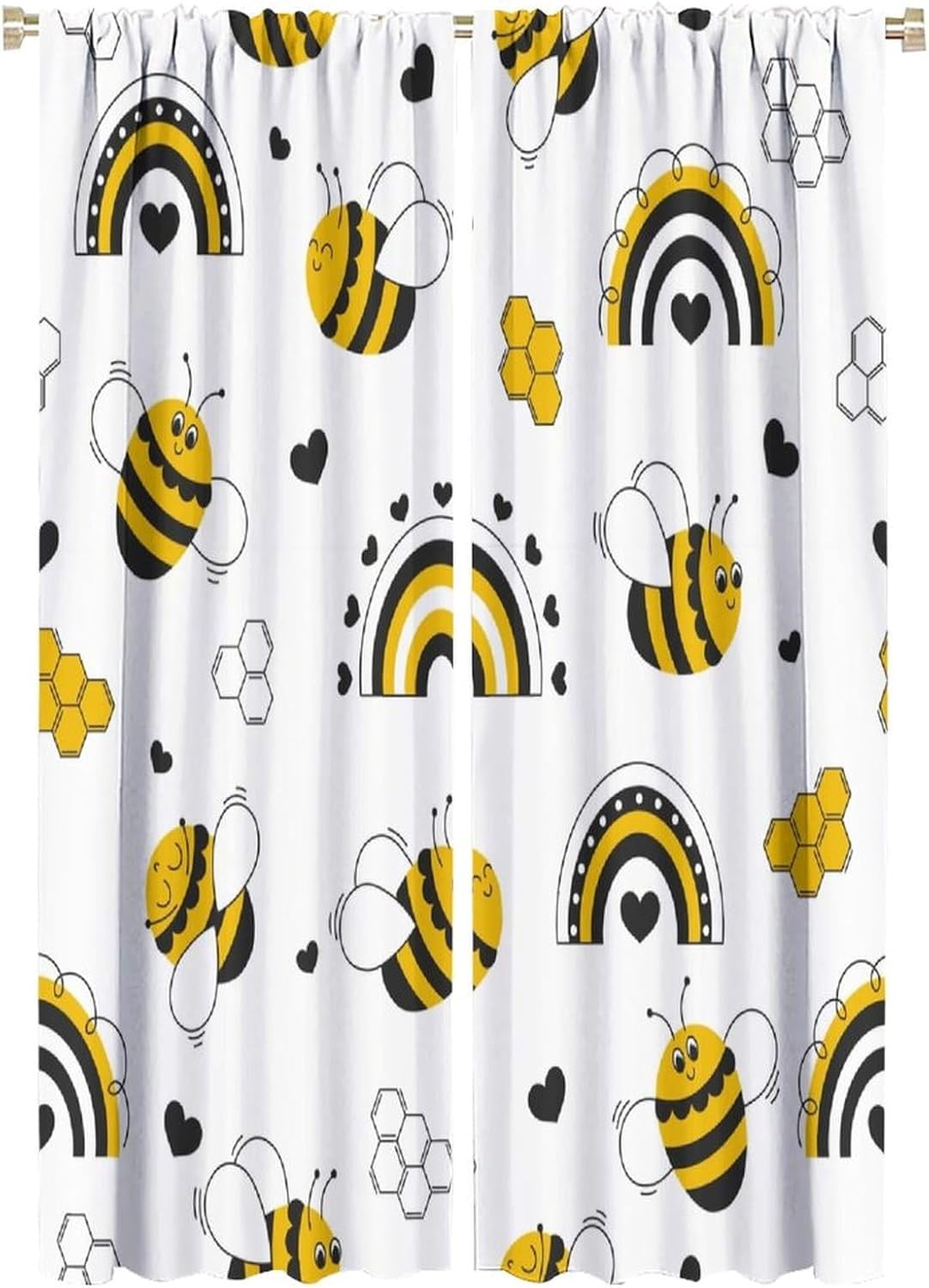 Bee Curtain Boho Rainbow Cute Bees Blackout Print Rod Pocket Window ...