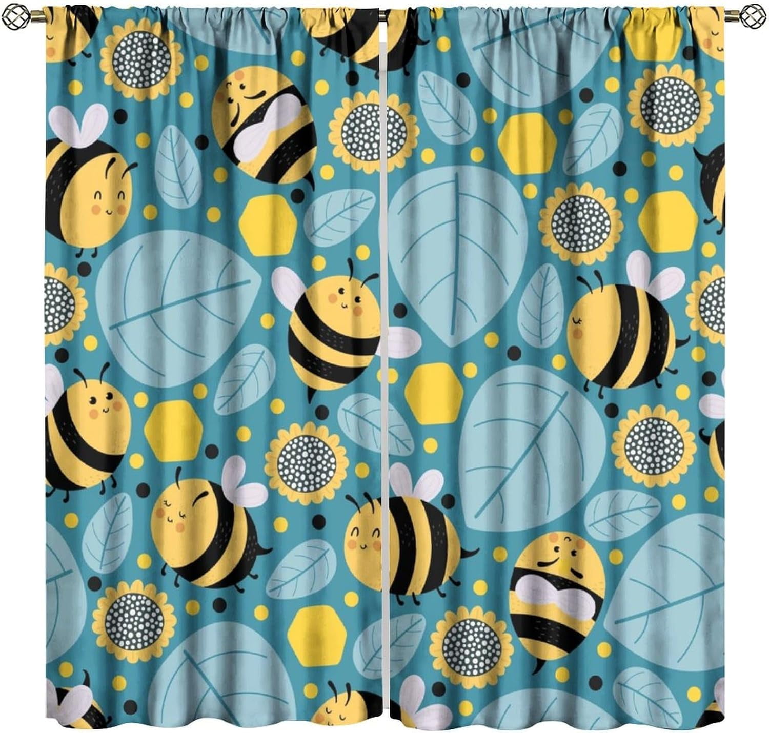 Bee Curtain Cartoon Cute Bees Green Leaves Pattern for Kids Room ...