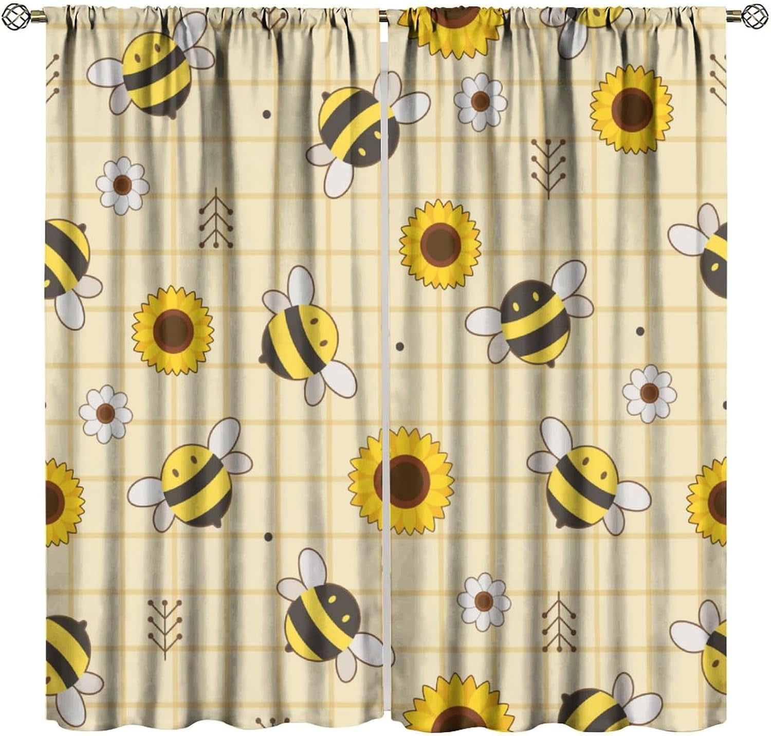 Bee Curtain Cartoon Cute Bees Sunflowers Pattern for Kids Room ...