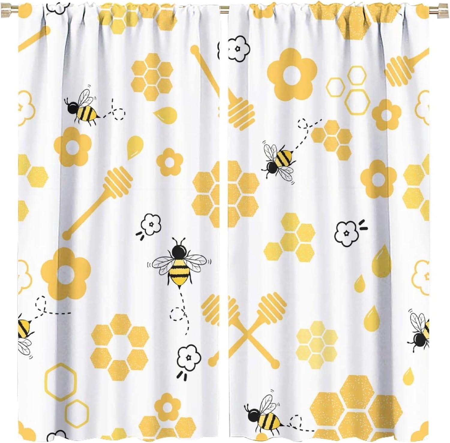 Bee Curtain Cartoon Cute Bees Yellow Honeycomb Flower Pattern Blackout ...