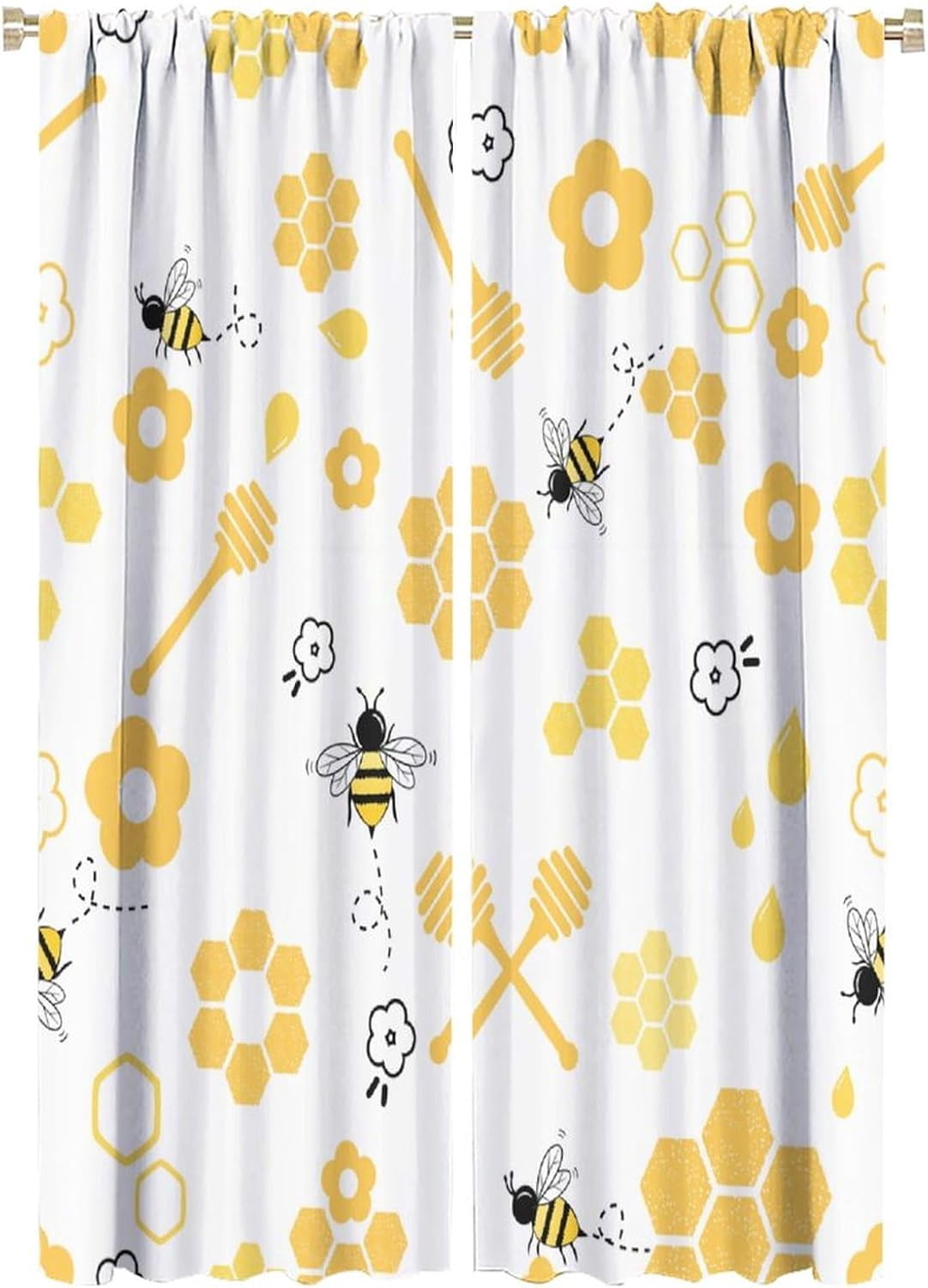 Bee Curtain Cartoon Cute Bees Yellow Honeycomb Flower Pattern Blackout ...