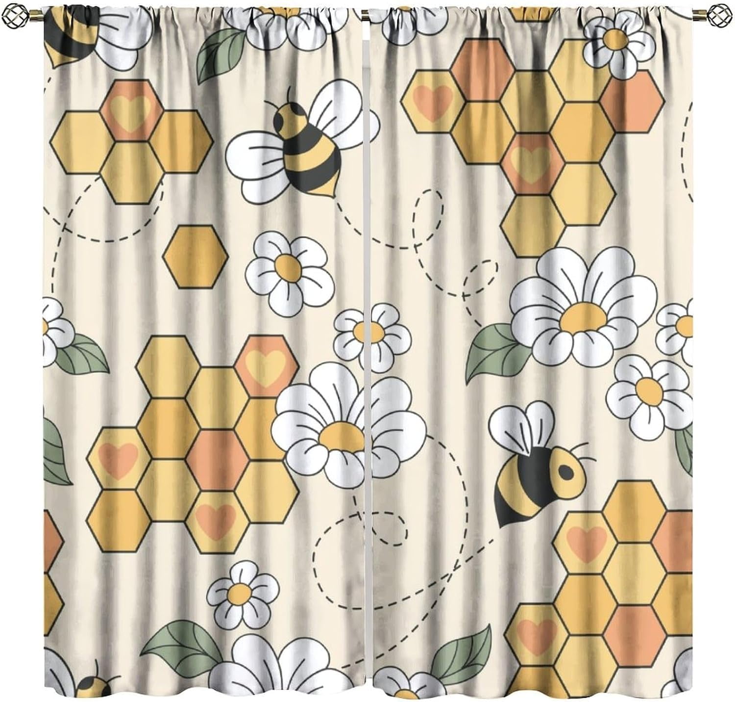 Bee Curtain Cute Bees White Flowers Hive Pattern Blackout Print Rod ...