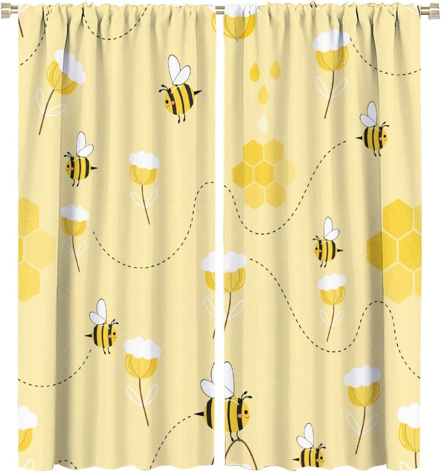 Bee Curtain Cute Bees Yellow Flower Honey Blackout Print Rod Pocket ...