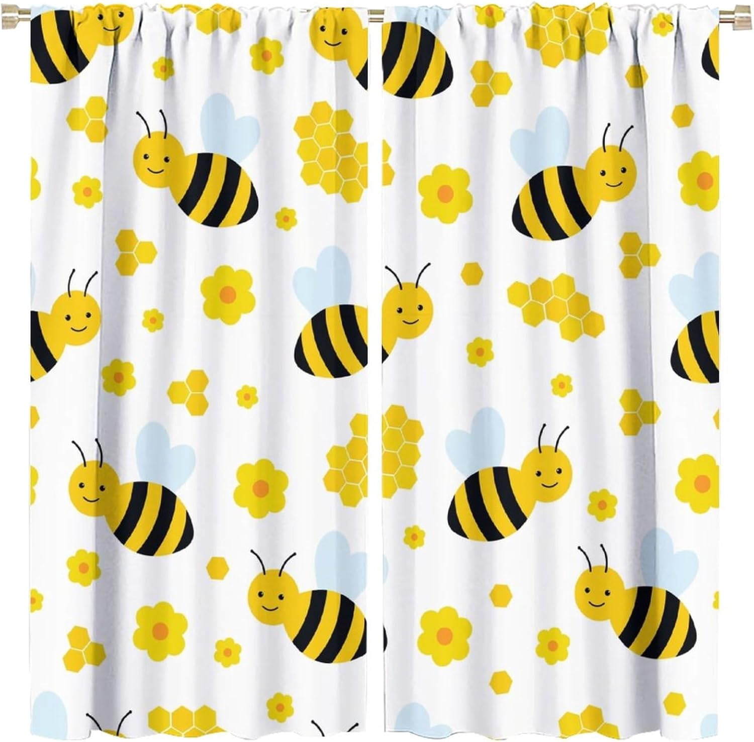 Bee Curtain Cute Bees Yellow Flower Honeycomb Blackout Print Rod Pocket ...