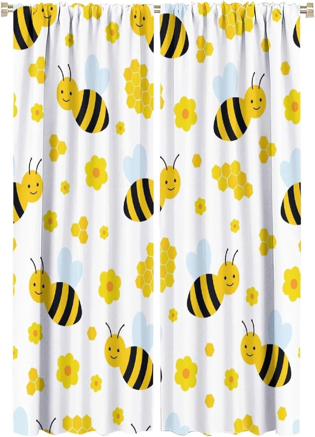 Bee Curtain Cute Bees Yellow Flower Honeycomb Blackout Print Rod Pocket ...