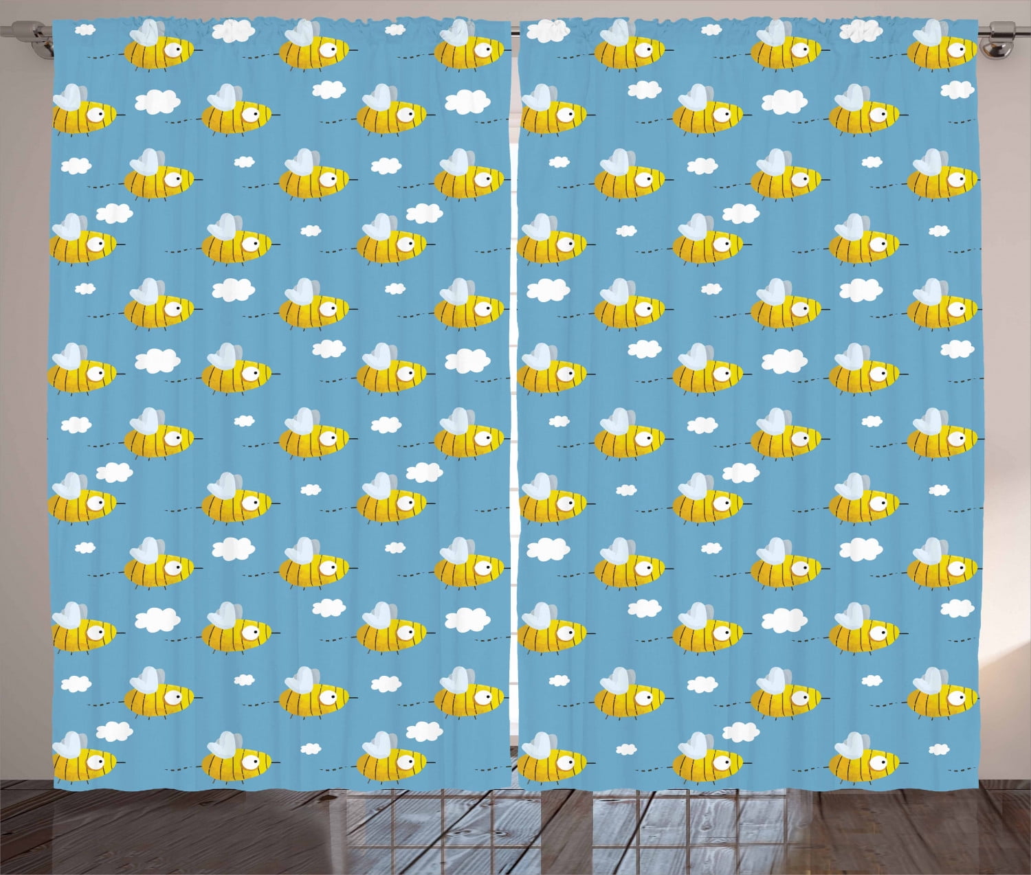 Bee Curtains 2 Panels Set, Cute Hand-Drawn Bees with Wings and ...