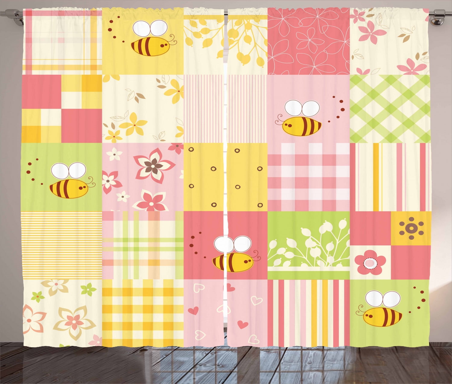 Ambesonne Bee Curtains 2 Panel Set, Floral and Geometric Tiles, 108" x ...