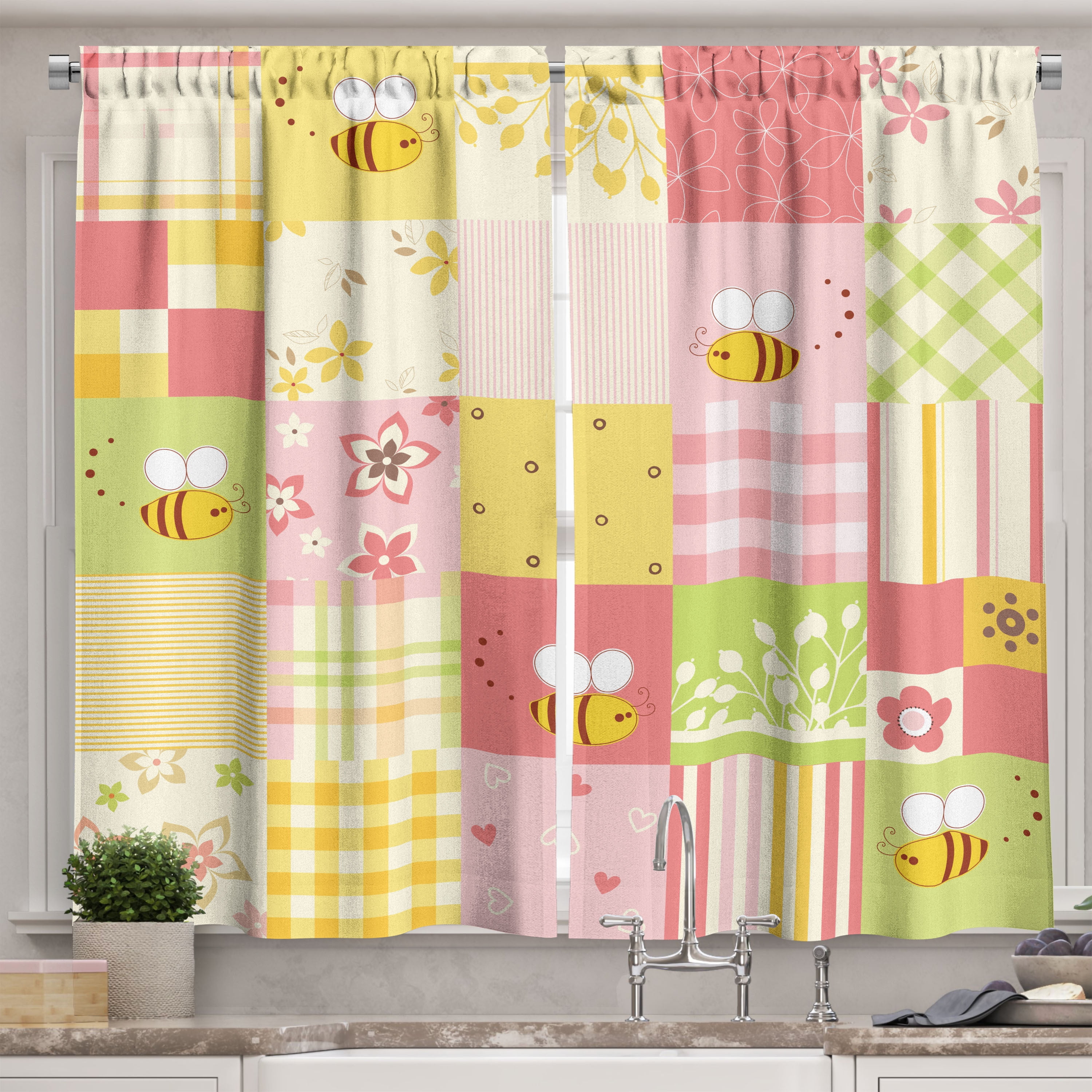 Bee Curtains 2 Panels Set, Floral and Geometric Designed Tiles of ...