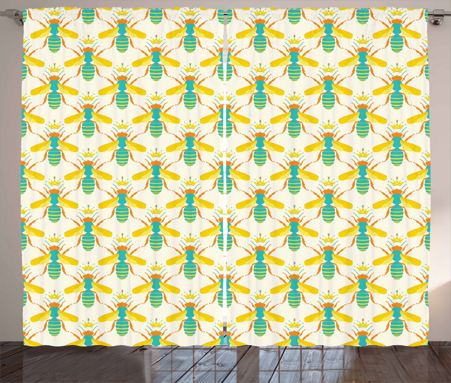 Bee Curtains 2 Panels Set, Queen Bee of the Hive Wearing Crowns Print ...