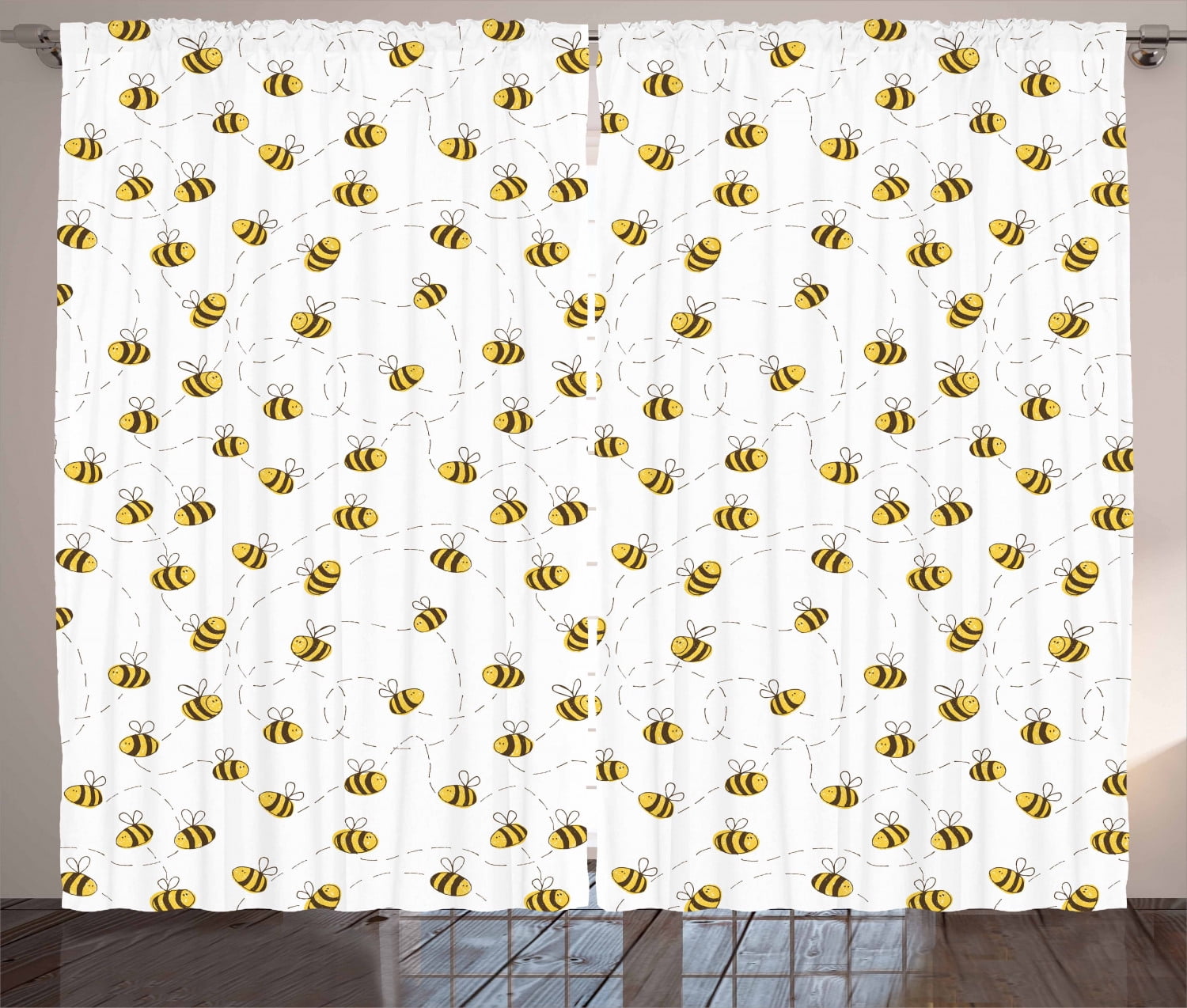 Ambesonne Bee Curtains 2 Panel Set, Simple Doodle Flying Bee, 108" x ...