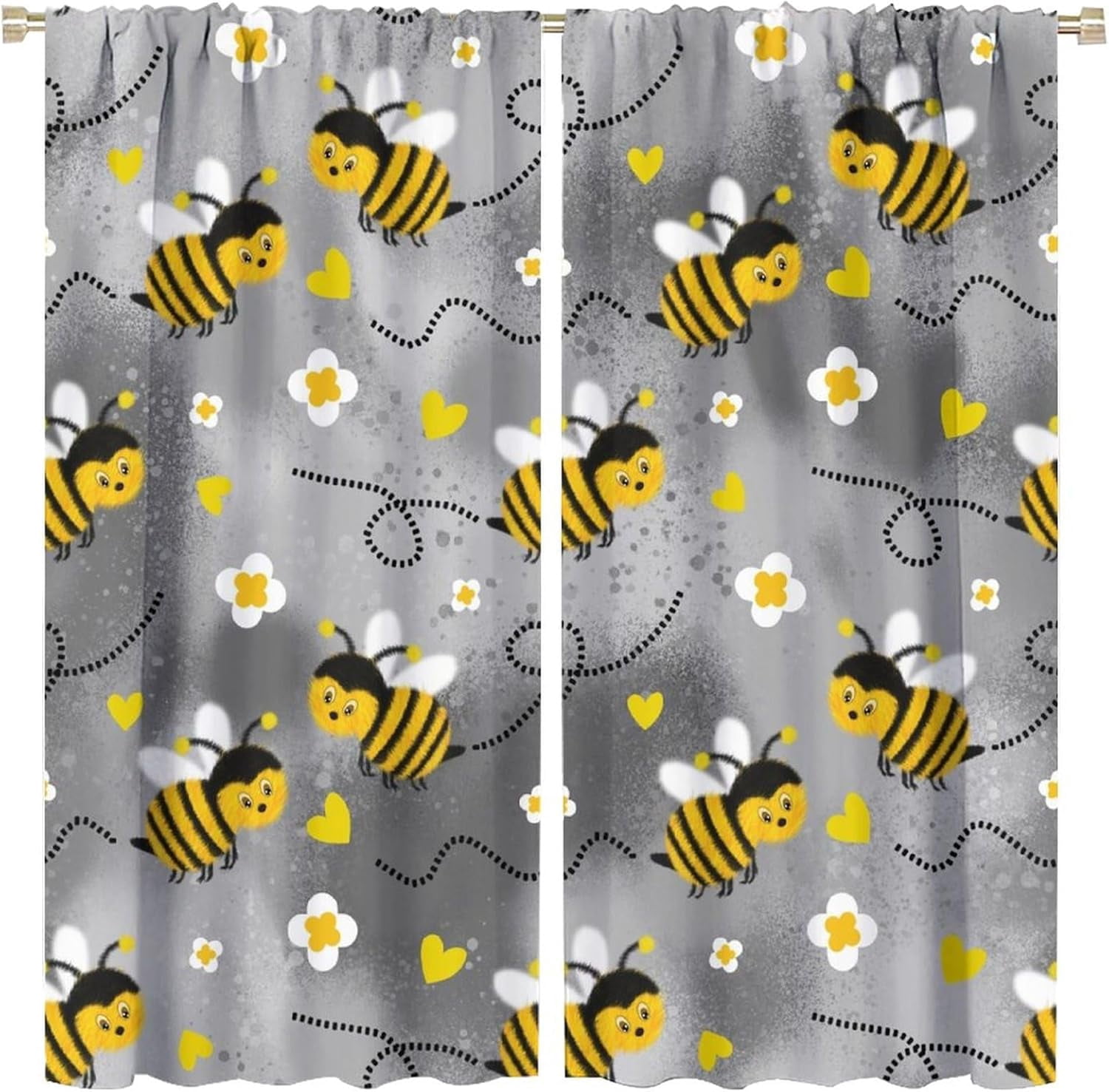 Bee Curtains Cute Bees White Flowers Grey Blackground Blackout Print ...