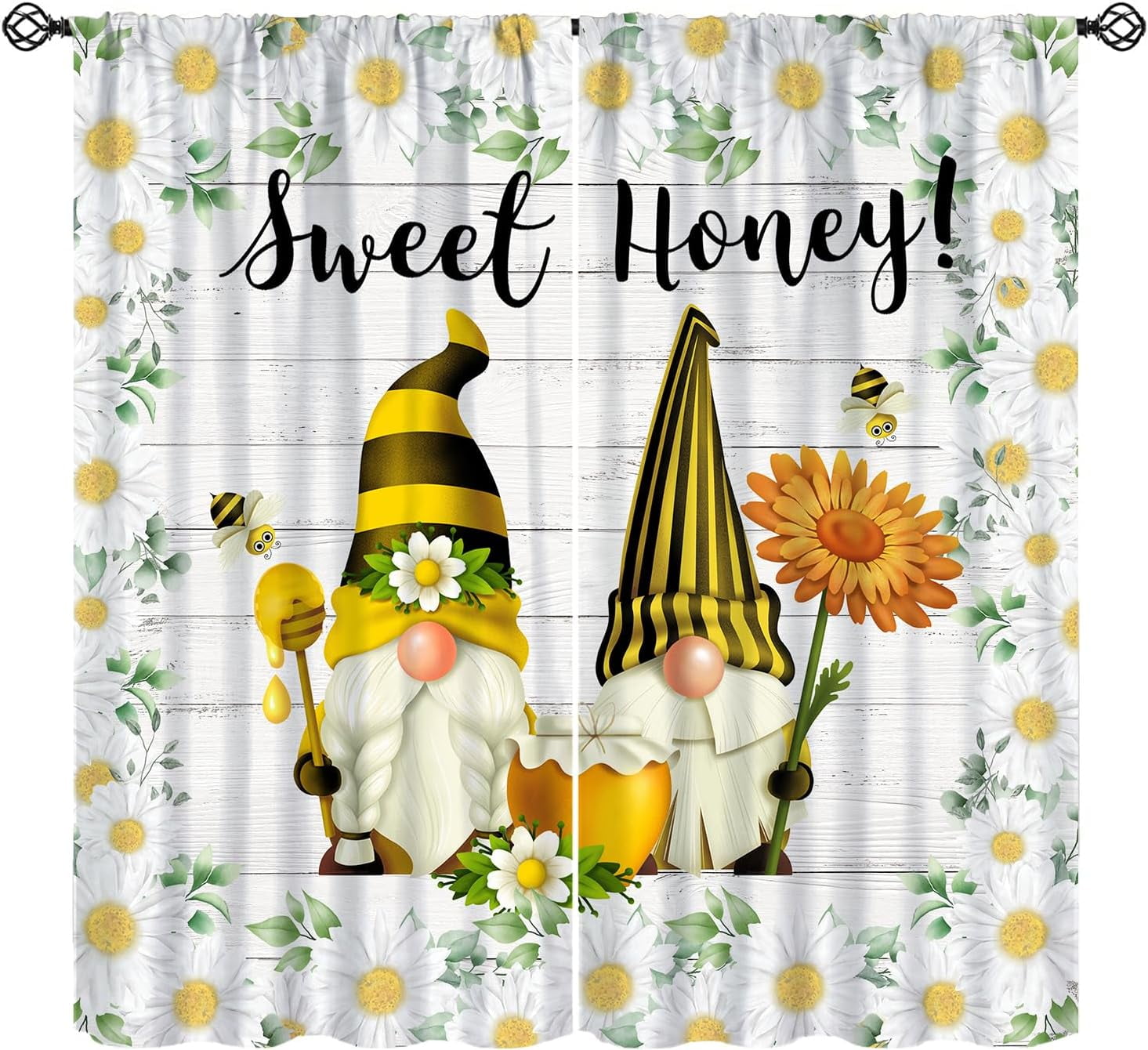 Bee Curtains, Rustic White Wood Stripe Board Cute Bee Window Treatments ...