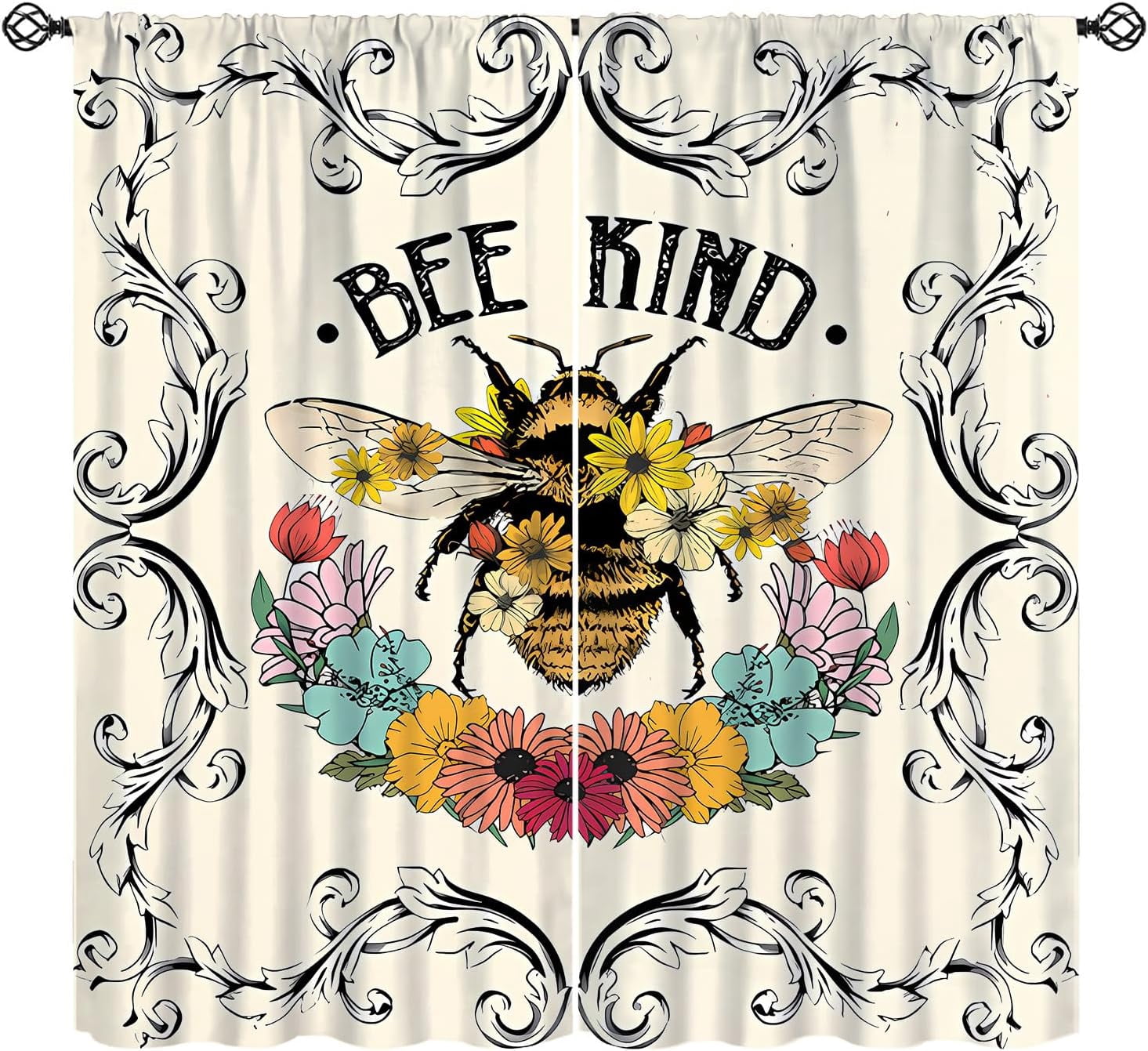 Bee Curtains, Vintage Rustic Flying Bees Flower Honey Pattern Window ...