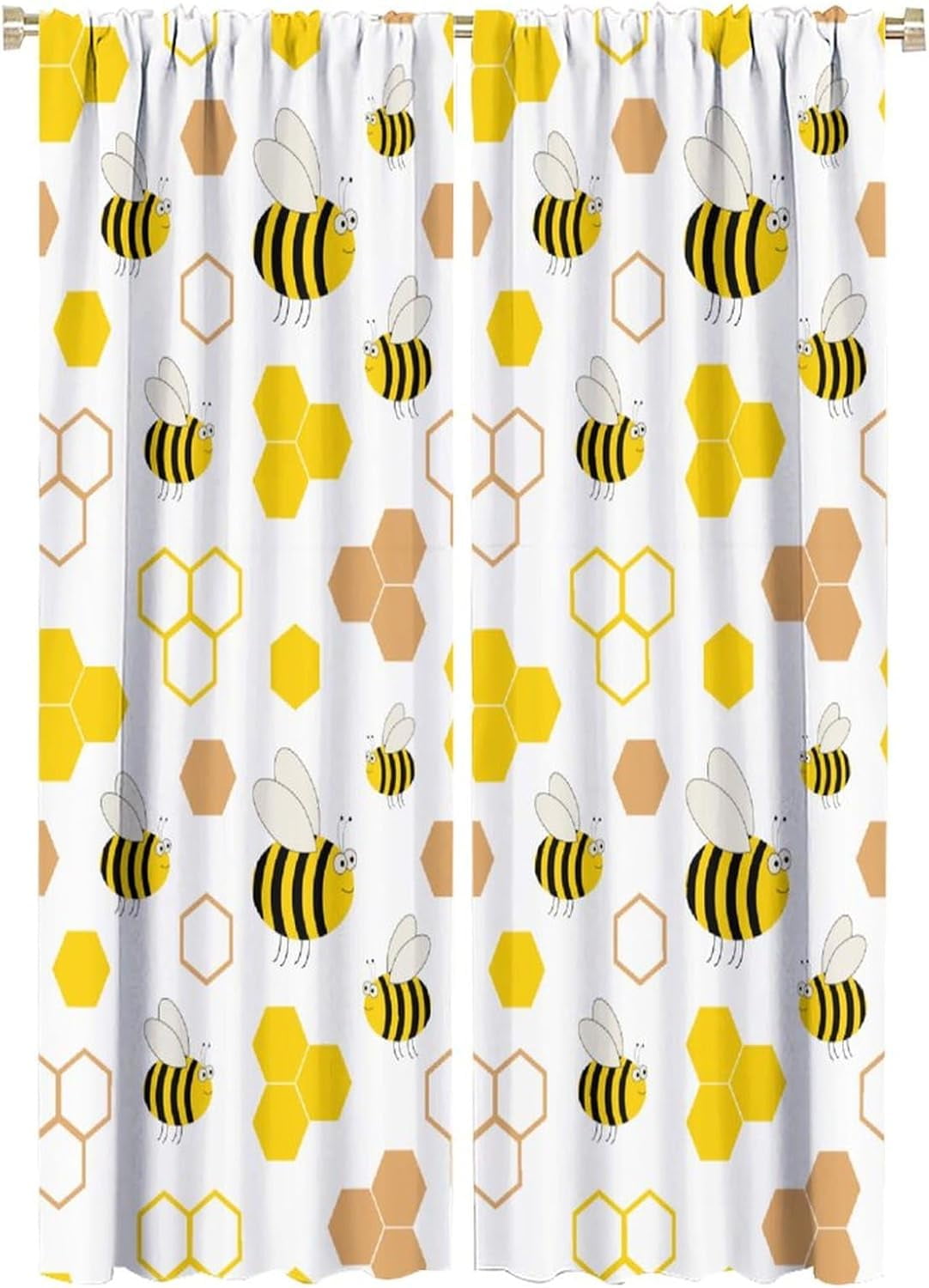 Bee Curtains Yellow Bees Honeycomb Blackout Print Rod Pocket Window ...