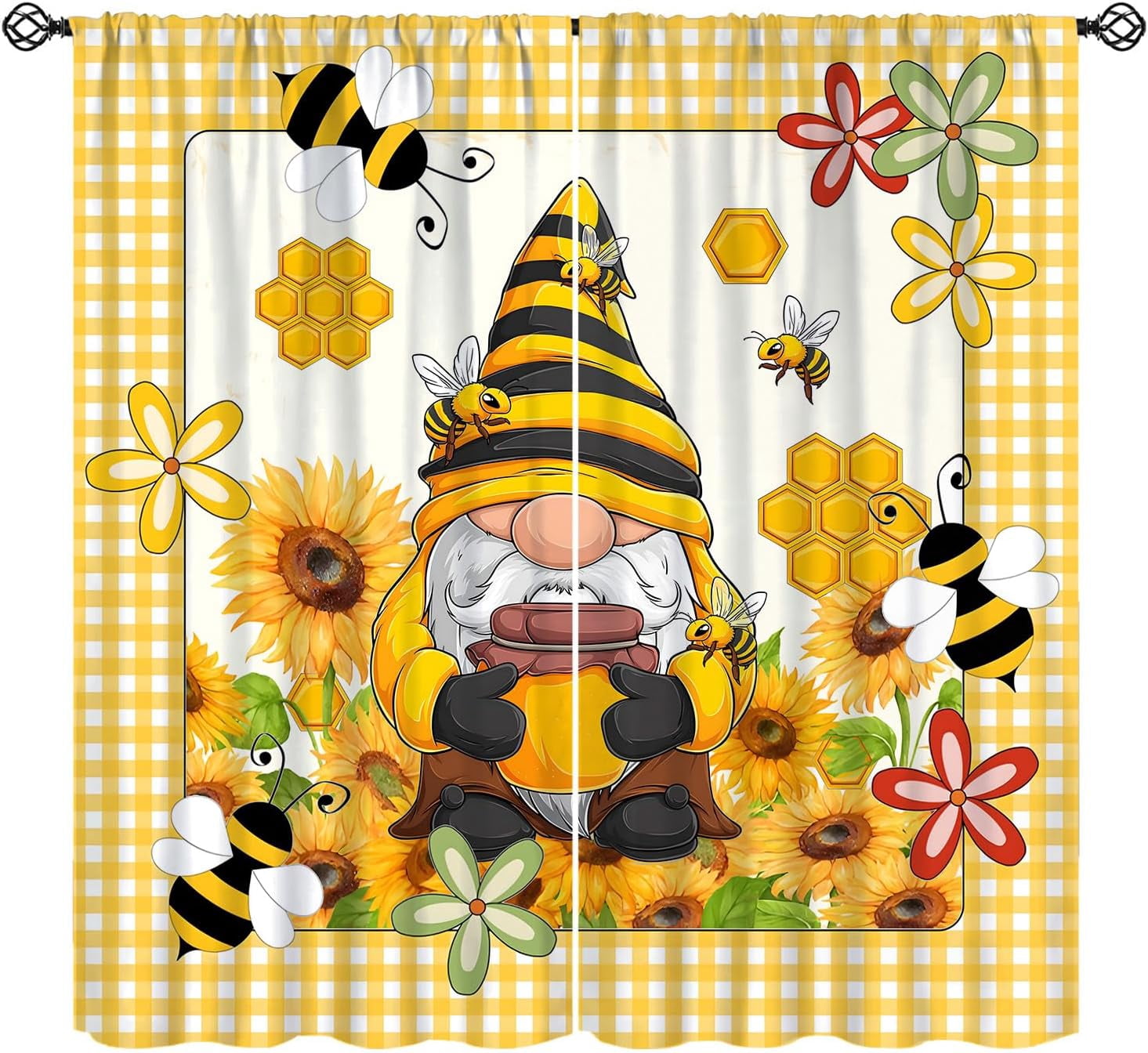 Bee Curtains, Yellow Check Honey Cute Flower Gnome Window Treatments ...