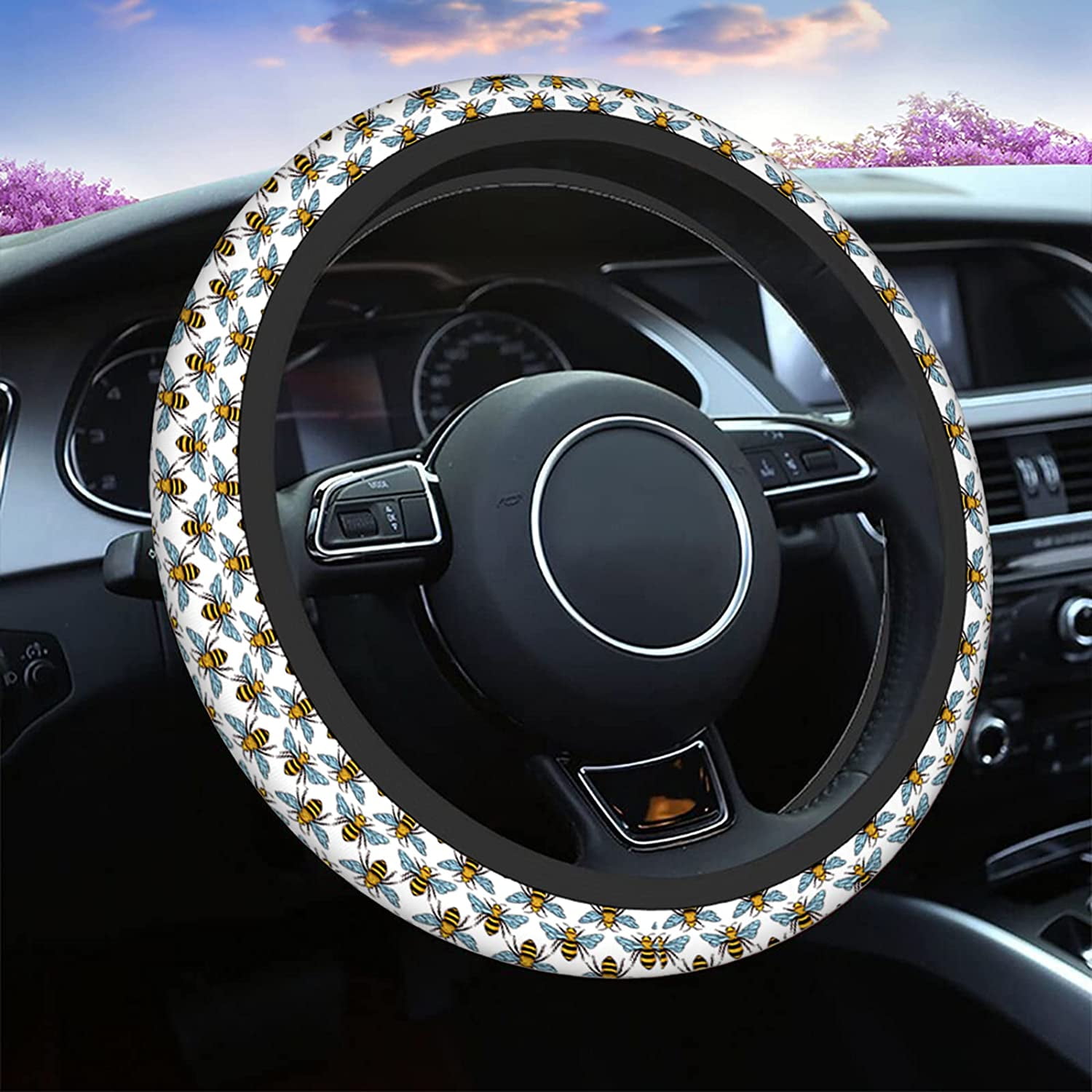 Bee Cute Steering Wheel Cover Universal 15 Inch Cartoon Bees Black and ...