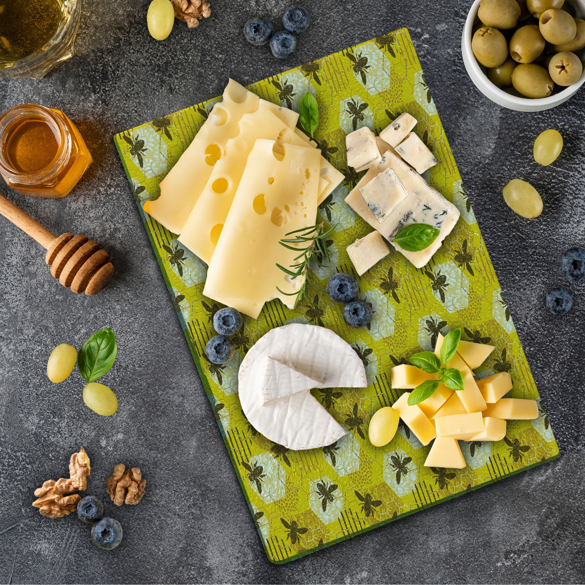 Bee Cutting Board, Patchwork Background of Floral Elements Stripes and ...