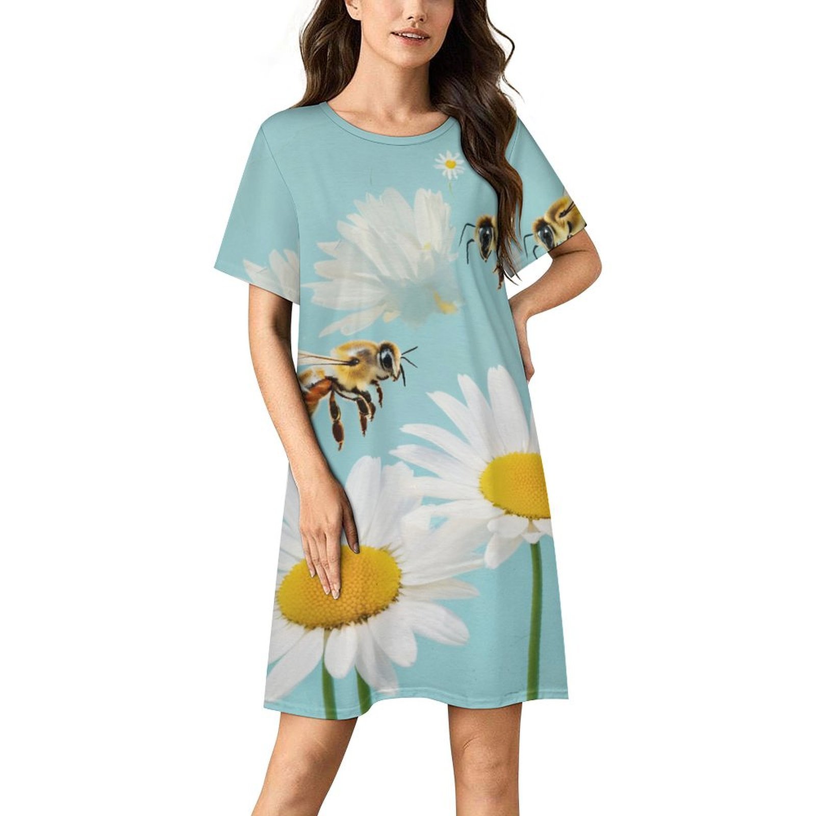 Bee & Daisies Art Print Women Nightgown Sleepwear Short Sleeves For ...