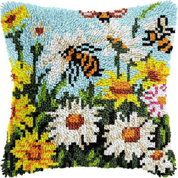 Bee & Daisies Latch Hook Pillows Kits Cushion Pillow Cover with Pattern ...