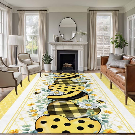 Bee Daisy Area Rug 5x8 Washable Rug Non Slip Botanical Eucalyptus ...